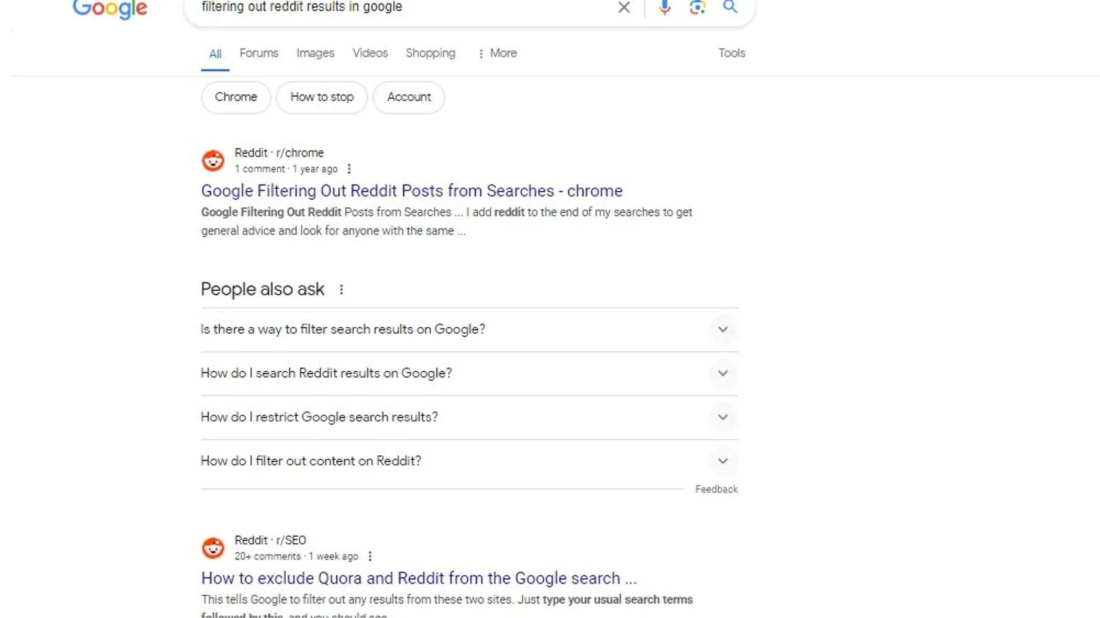 How to exclude the websites Reddit and Quora from search results