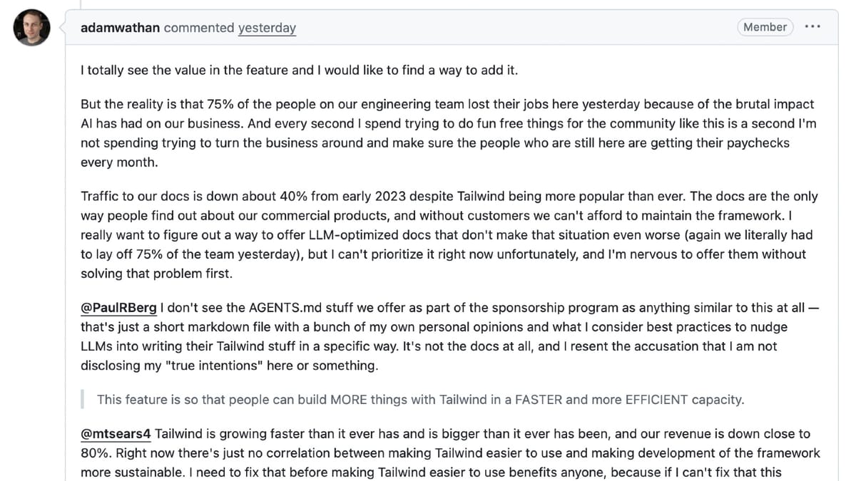 Tailwind CSS lays off 75% of engineering team as AI impacts revenue